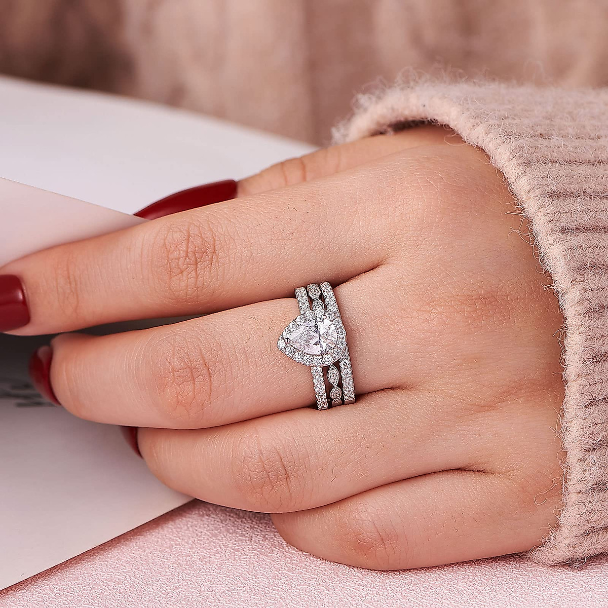 Wuziwen Halo Pear Cut Wedding Ring Set CZ Engagement Rings for Women 925 Sterling Silver Size 7