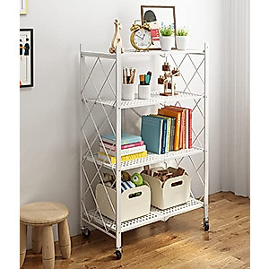 VOLPONE Metal Storage Shelves with Wheels Foldable Garage Shelving No Assembly Shelving Unit for Kitchen Bathroom White 4 Tier