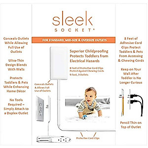 Sleek Socket No Shock Child Protector, Outlet & Plug Concealer with Protective Cord Clips, 8-Foot Flat Extension Cord with Multiple Outlets, Baby Proofing Outlet Cover, No Access To Dangerous Cords