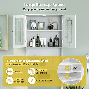 Tangkula Over The Toilet Storage Cabinet, Freestanding Over Toilet Storage Rack w/ 2 Tempered Glass Doors, Open Shelf, 3-Position Adjustable Shelf, Space-Saving Bathroom Organizer (White)