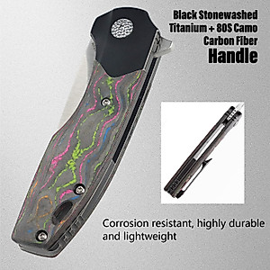 KANSEPT Cassowary Premium Pocket Folding Knives for Men EDC Pocket Knife 2.9'' Satin CPM S35VN Blade Excellent Folding Knife with Black Stonewashed Titanium + 80S Camo Carbon Fiber Handle EDC K2065B1