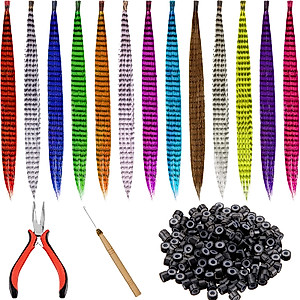 Xinnun 52 Pcs Colored Hair Feathers Extension Kit for Women 13 Colors Long Straight Synthetic Hair Feather 200 Silicone Lined Micro Ring Crochet Hook and Lengthen Remover Plier for Cosplay Party