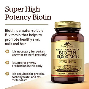 Solgar Biotin 10,000 mcg, 120 Vegetable Capsules - Energy, Metabolism, Promotes Healthy Skin, Nails & Hair - Super High Potency - Non-GMO, Vegan, Gluten, Dairy Free, Kosher - 120 Servings