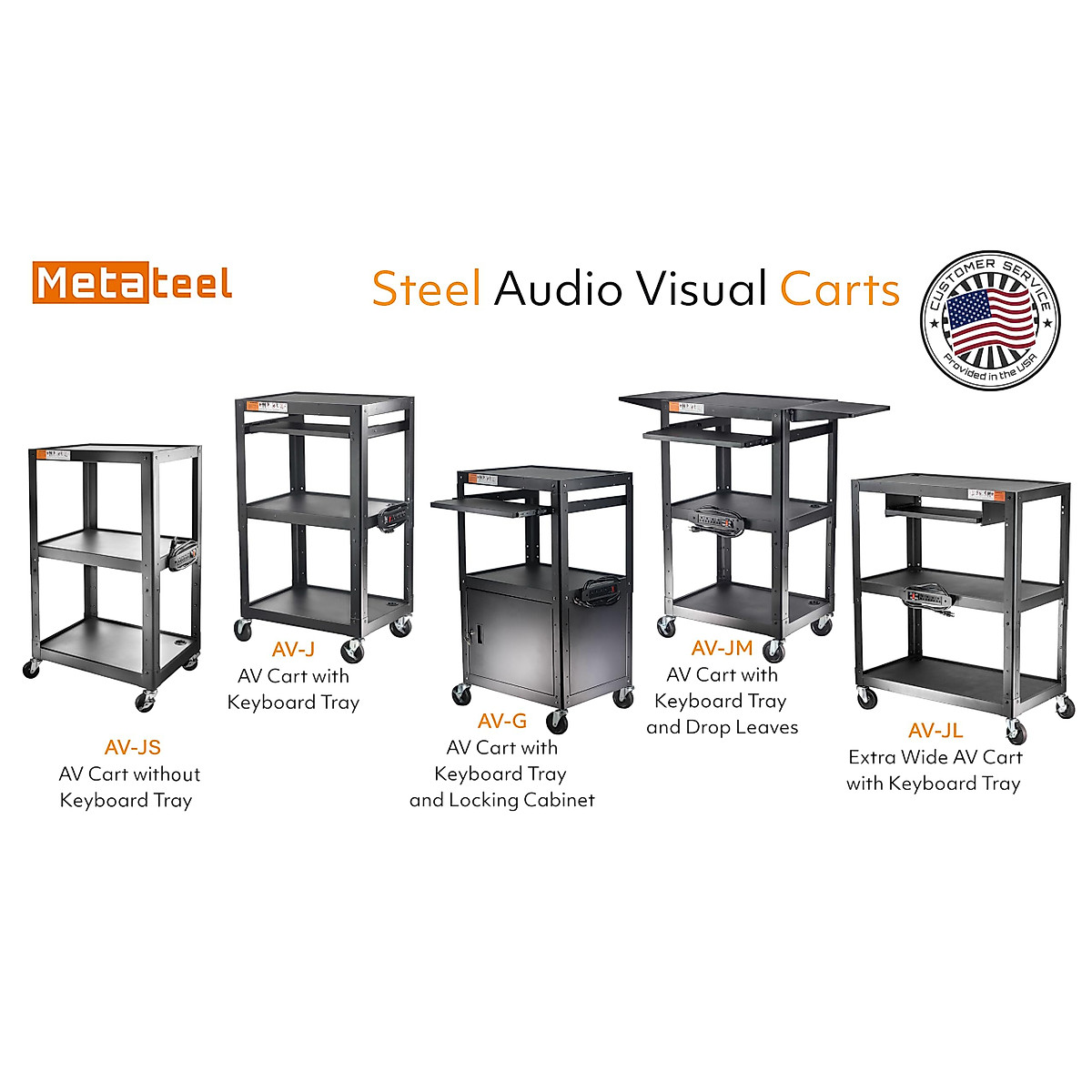 3 Shelf Metal Utility cart - Steel Construction Mobile Presentation Cart Projection Cart with Power Strip - Durable Utility Cart AV Carts on Wheels - Supports Up to 300 LBs (24'' x 18'' x 41'')