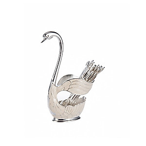 Feyarl Coffee Dessert Sugar Spoon Set Decorative Swan Base Holder with 6pcs Spoons for Stirring Mixing Dessert Ice Cream Coffee Teaspoon Cake Flatware (Silver)