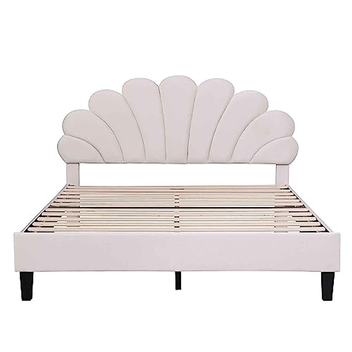 ATY Upholstered Queen Size Platform Bed, Velvet Fabric Bedframe with Flower Pattern Headboard & 12 Wood Slat Support, Elegant Style for Bedroom, Guestroom, No Box Spring Needed, Beige