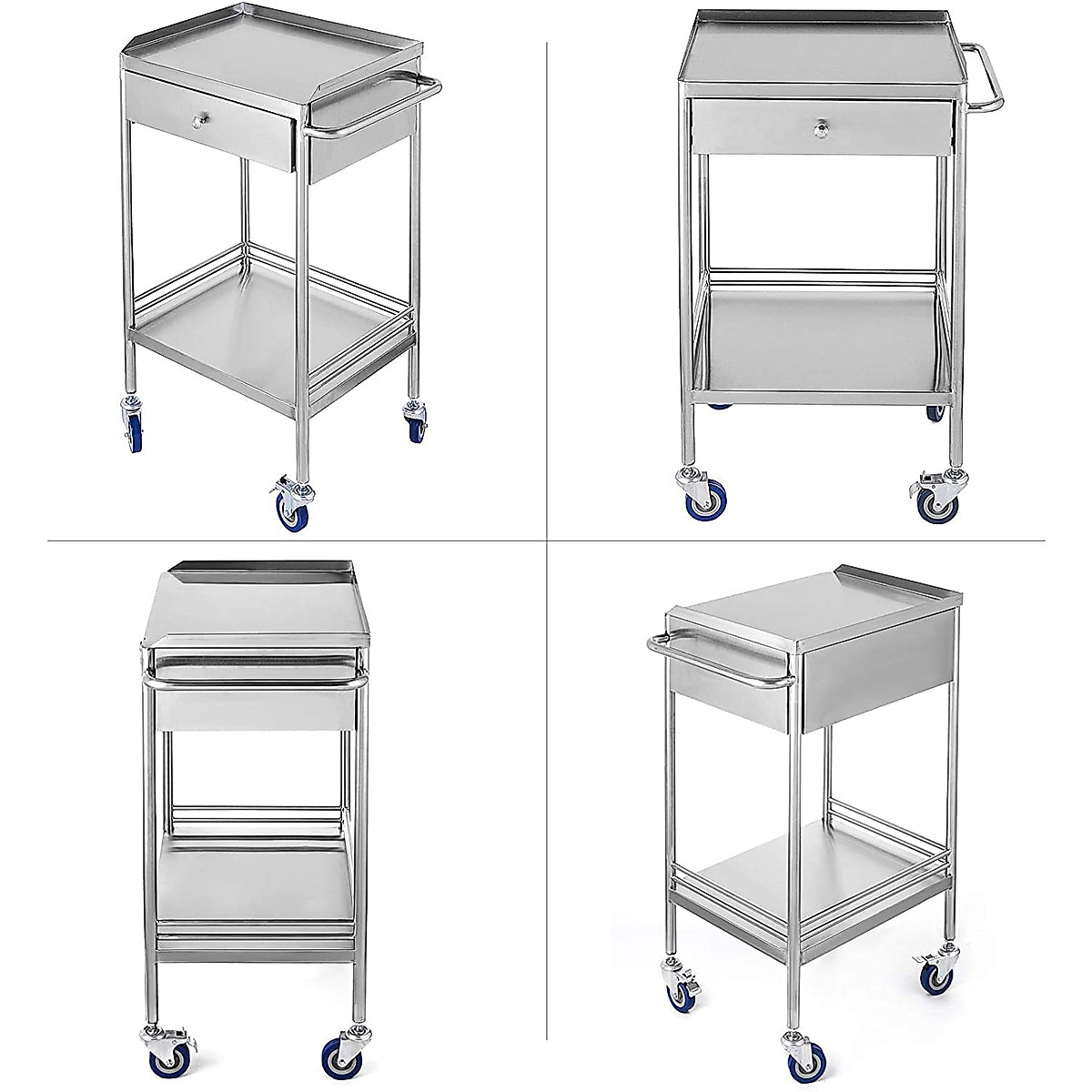 Lab Serving Cart, 2-Layer Utility Cart Stainless Steel with Wheels Rolling Cart, Commercial Wheel Dental Lab Cart Utility Services with Single Drawer and Silent Omnidirectional Lockable Wheel
