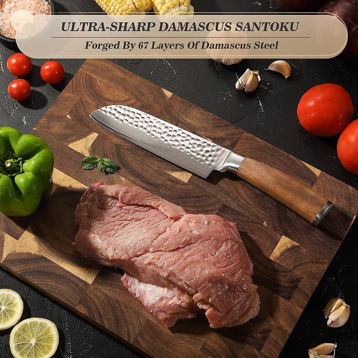 Damascus Santoku Knife 7 Inch，Professional Kitchen Knife with Ergonomic Walnut Wood Handle，67 Layers Super Steel Damascus Kitchen Knives，Rubber Wood Gift Box Packing，Christmas Kitchen Gifts for Men