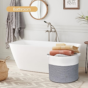 ArcaGuru Cotton Rope Basket, Round Woven Baskets for Storage, Blanket Basket Living Room, Storage Basket with Handles for Book, Clothes for Organizing, 15.8”x15.8”x13.8”, White & Dark Grey