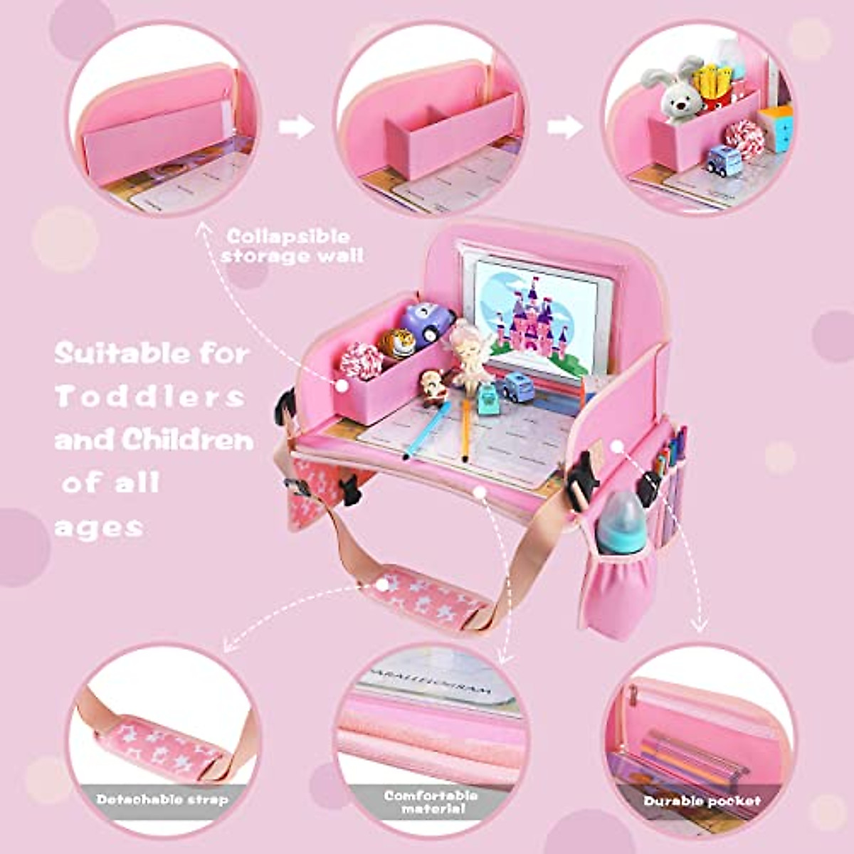 MENZOKE Kids Travel Tray for Toddler Car Seat, Lap Tray for Girl Activities with Dry Erase Board & Cooler Cup Holder, Road Trip Essentials Accessories with No-Drop Large Tablet iPad Holder Stand,Pink