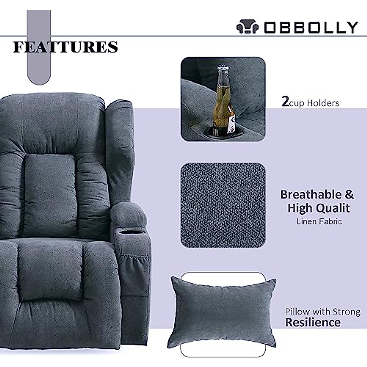 OBBOLLY Swivel Rocker Recliner Chair - Manual Glider Rocking Recliner Chair, Wingback Design 360° Swivel Chair with Lumbar Pillow, Cup Holders, Side Pockets for Living Room (Blue Grey, Single)
