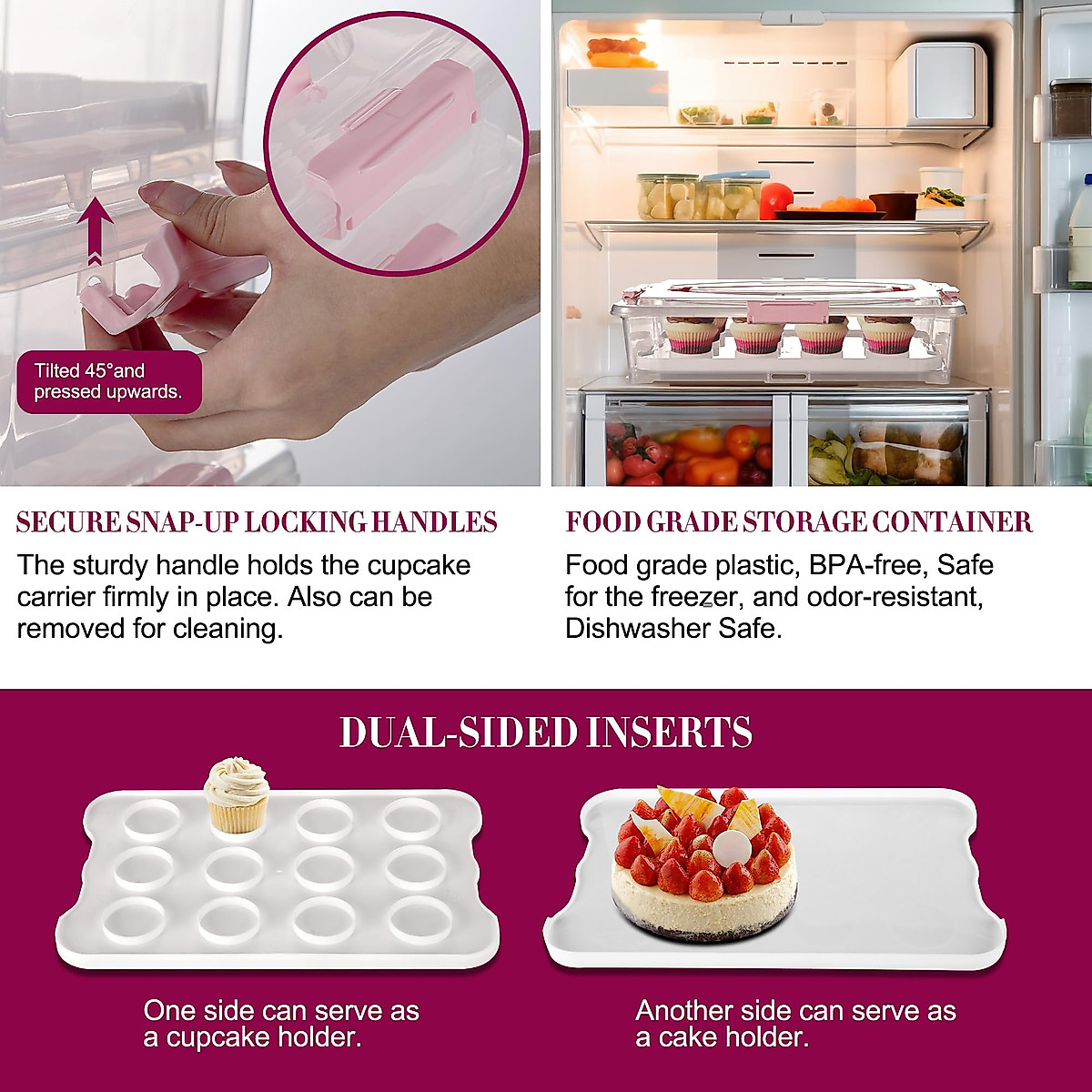 ARC 3-tiers Cupcake Carrier (Pink) - Cupcake Holder and Cake Transport Container that Holds up to 36 Cupcakes or 3 Large Cakes - BPA-Free, Great for Parties & Festivals