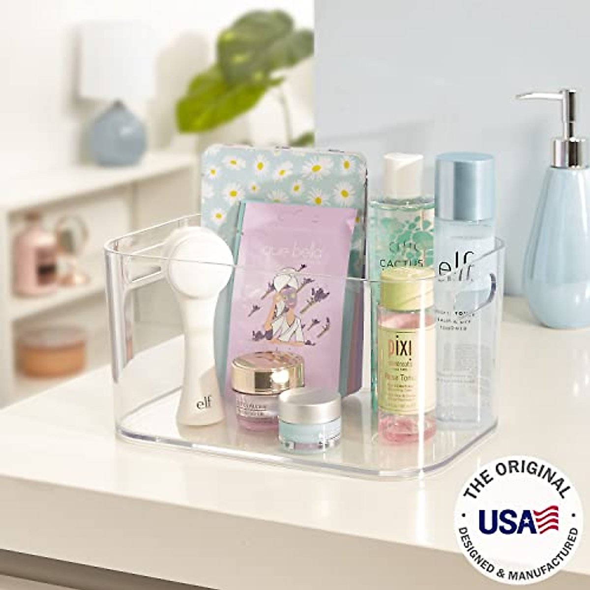 STORi Bliss 10" x 6" Open Compartment Clear Plastic Organizer | Rectangular Makeup and Vanity Storage Bin and Pantry Caddy with Pass-Through Handles | Round Corner Design | Made in USA