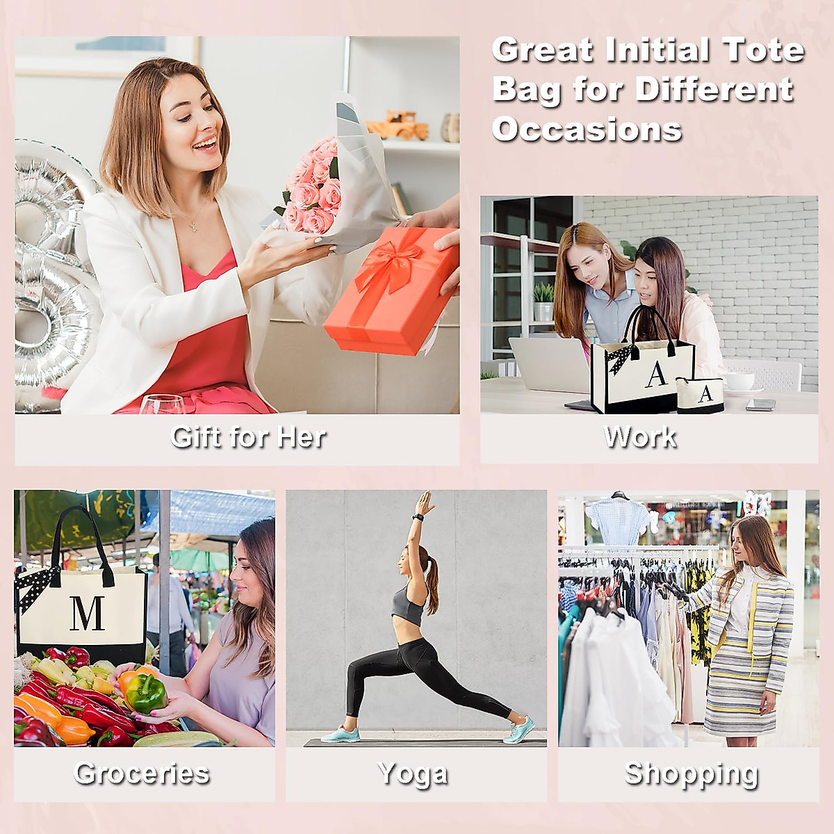 BeeGreen Initial Canvas Tote Bag with Makeup Bag Monogram Tote Bags for Women w Removable Bottom Personalized Gifts for Friends Birthday Teacher Mother Hostess Wedding Bridesmaid Letter M