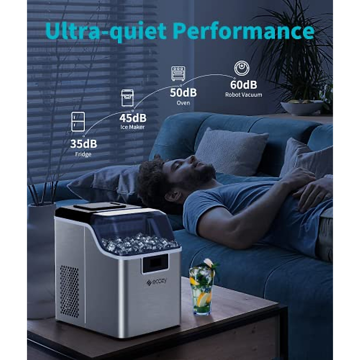 ecozy Countertop Ice Makers, 45lbs Per Day, 24 Cubes Ready in 13 Mins, Stainless Steel Housing, Auto Self-Cleaning Ice Maker with Ice Bags and Ice Scoop for Kitchen Office Bar Party