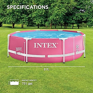 Intex 28290EH 8 Feet by 30 Inches Easy to Assemble Large Round Metal Frame Above Ground Swimming Pool with Dual Suction Outlet Fittings, Pink