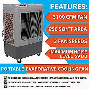 Portable Swamp Coolers - 3100 CFM MC37M Evaporative Air Cooler with 3-Speed Fan - Water Cooler Fan 950 sq. ft. Coverage High Velocity Outdoor Cooling Fan Swamp Cooler by Hessaire - Gray