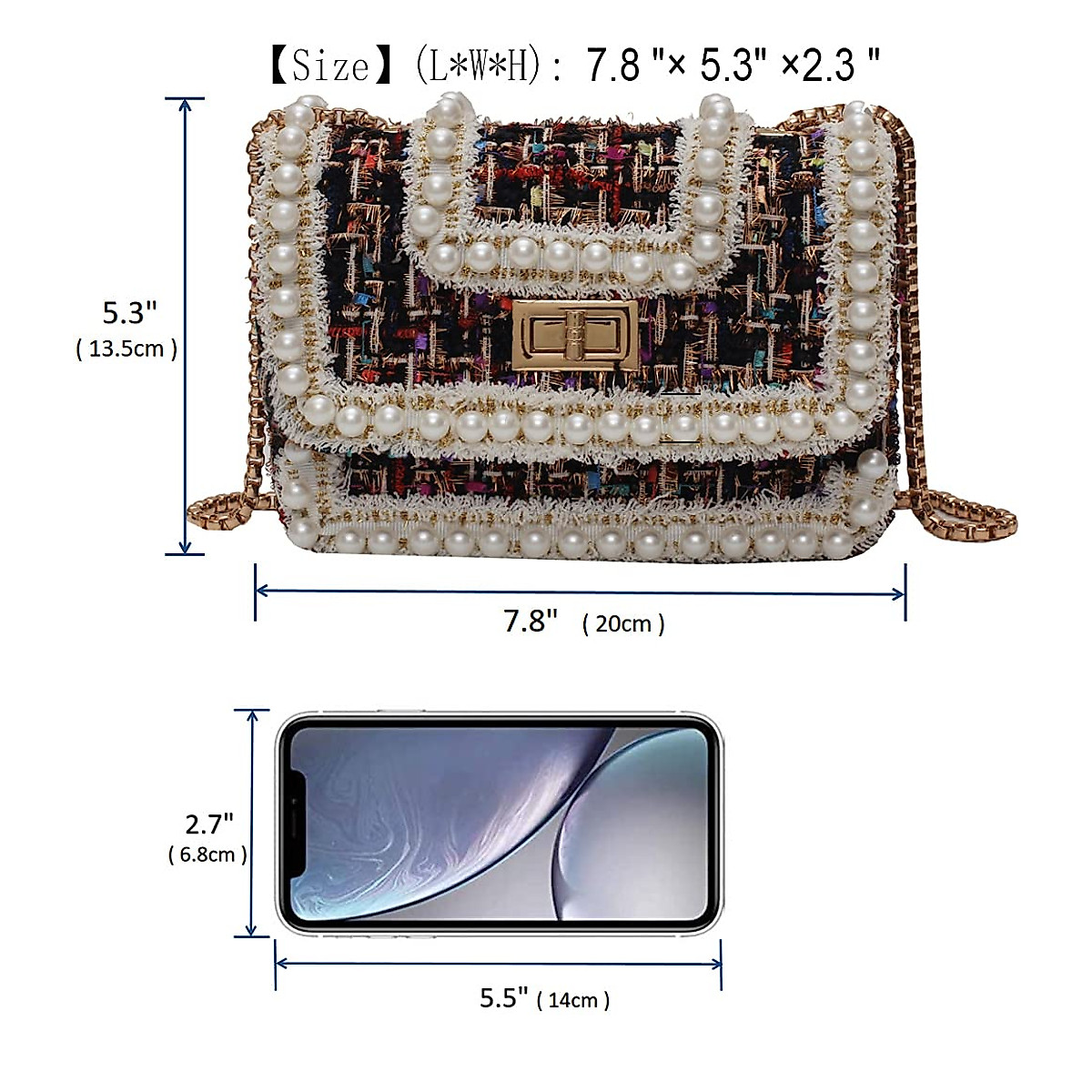 Aitian Designer Tweed Pearl Chain Purse - Fashion Crossbody Bags for Women and Shoulder Purses and Handbags Quilted Leather Designer Bags for Women Crossbody Bag with Chain