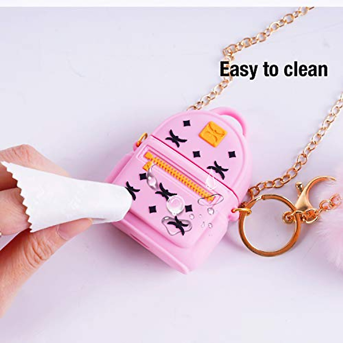 AirPods Case Cute with Keychain Metal Strap & Fur Ball, pordsioc Silicone 3D Backpack Airpods 1 & 2 Cover Earphone Covers Cartoon Airpod Protective Case for Girls and Women (Pink)