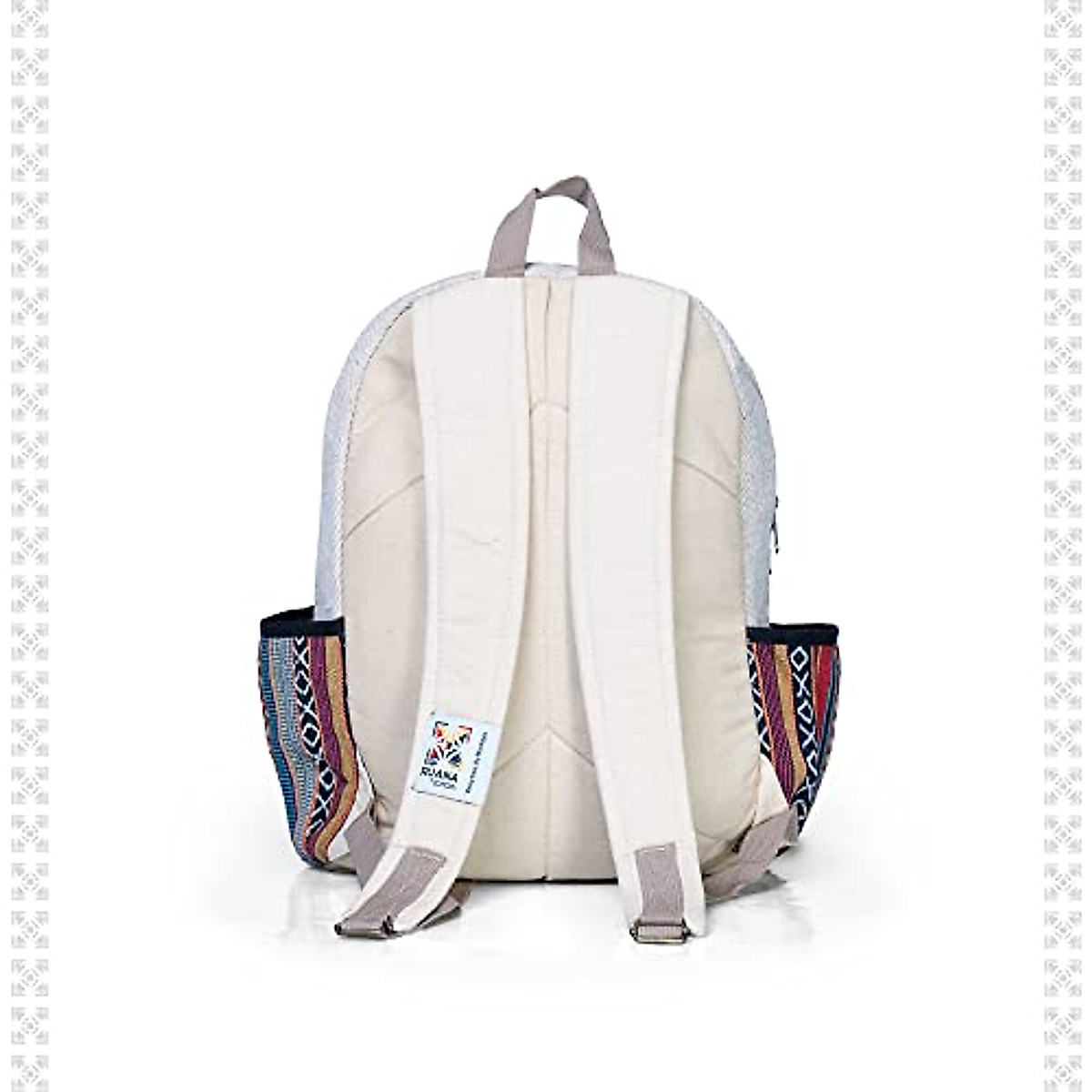 Ruana Lightweight Hemp Backpack 100% Natural Hemp Cotton Fabric Casual Daypack Multipurpose Handmade Bag For Travel, Hiking, Yoga, Picnic (Tribal Stripes, 38 cm W x 45 cm L)