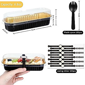 JuneHeart Mini Loaf Pans with Lids and Spoons, 100 Pack, Black, 6.8oz, Rectangular Aluminum Foil Baking Pans