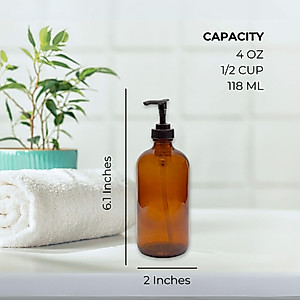 Cornucopia 4oz Amber Glass Pump Bottles (4-Pack); Great for Lotions, Liquid Soap, Aromatherapy and More