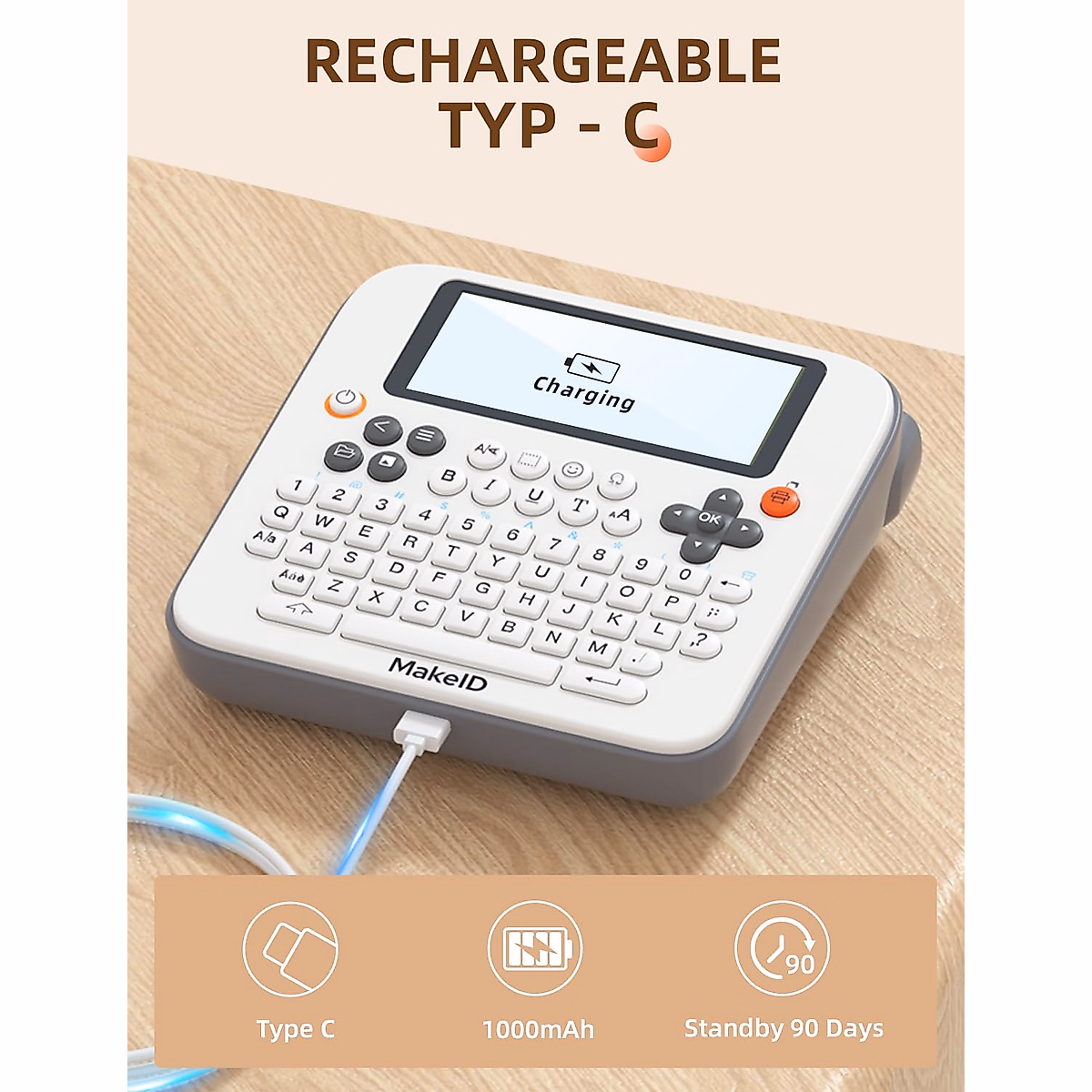 Makeid E1 Portable Label Maker - Bluetooth Compatible Thermal Printer - QWERTY Keyboard, 4.42" LCD Screen - Prints 9mm, 12mm, 16mm Clear Waterproof Sticker Labels - Includes USB Cable