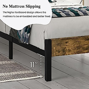 SHA CERLIN Twin Size Metal Platform Bed Frame with Wooden Headboard and Footboard/Rustic Mattress Foundation/No Box Spring Needed/Non-Slip Without Noise/Black&Brown