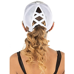 Funky Junque Criss Cross Hat Womens Baseball Cap Distressed Ponytail Messy Bun Trucker Ponycap (Camo White)