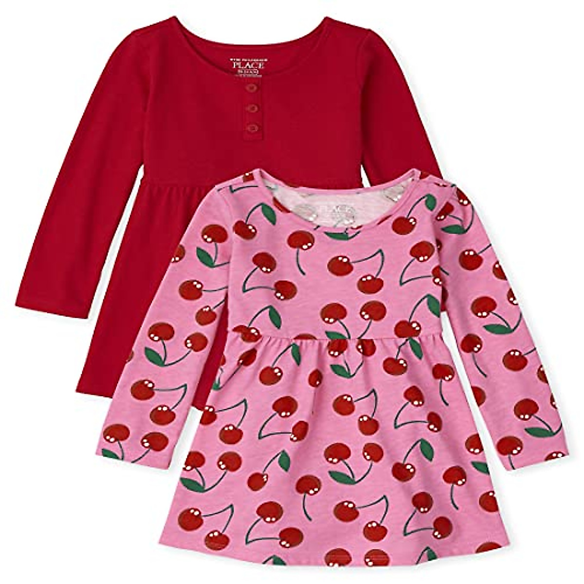 The Children's Place Baby Girls and Toddler Long Sleeve Cherry Print Solid Henley Knit Babydoll 2-Pack Dress, in The Pink, 3T US