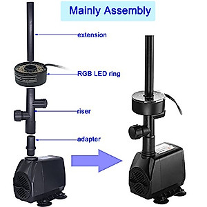 COODIA 730GPH Submersible Pump Fountain with RGB Color Changing Ring Water Patterns Decoration Garden Pond Landscape 2800L/H, 110V/55W