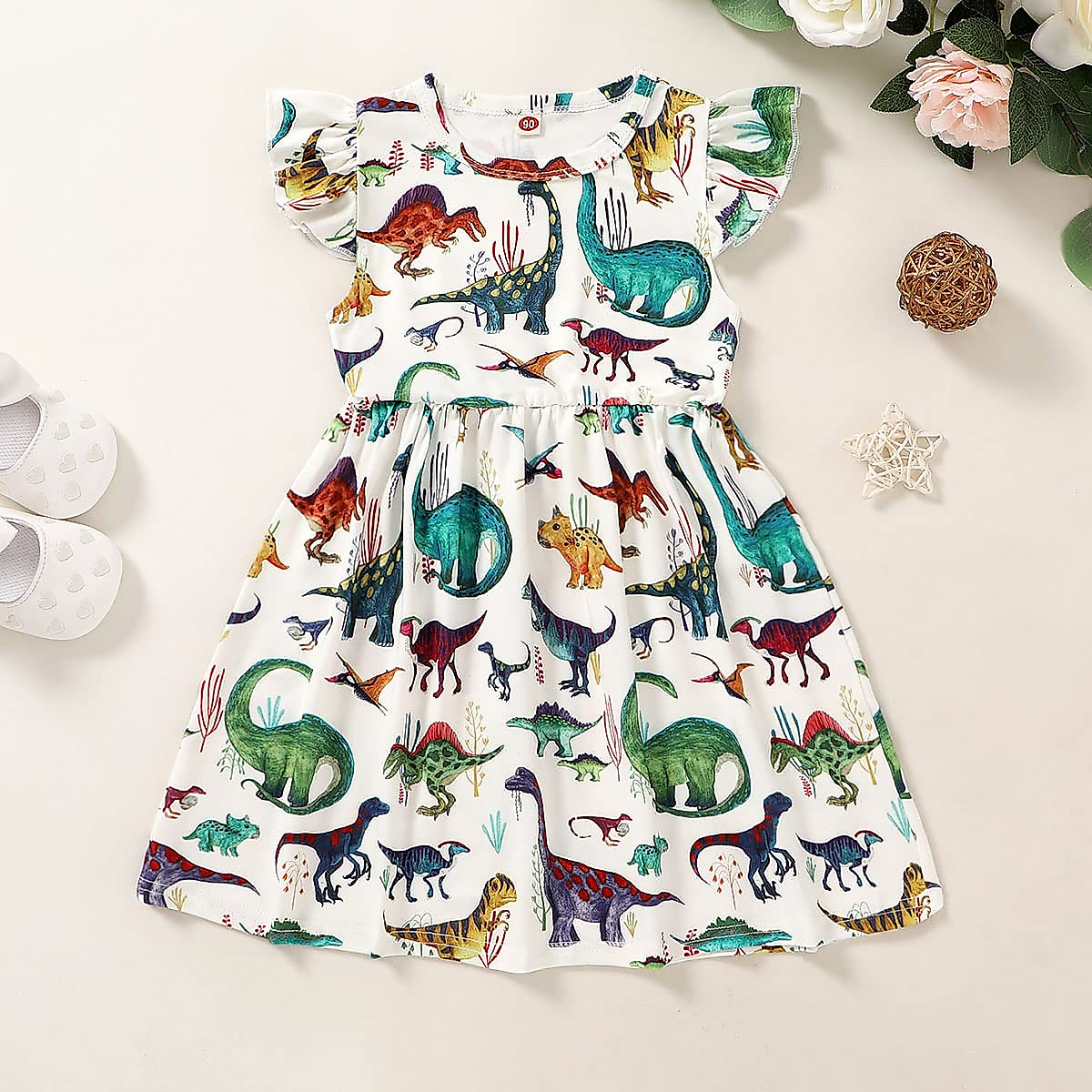 Happy Town Toddler Baby Girl Dress Dinosaur Printed Girl Summer Dresses Fly Ruffle Sleeve Tutu Dress Casual Sundress (White Dinosaur, 3-4 Years)