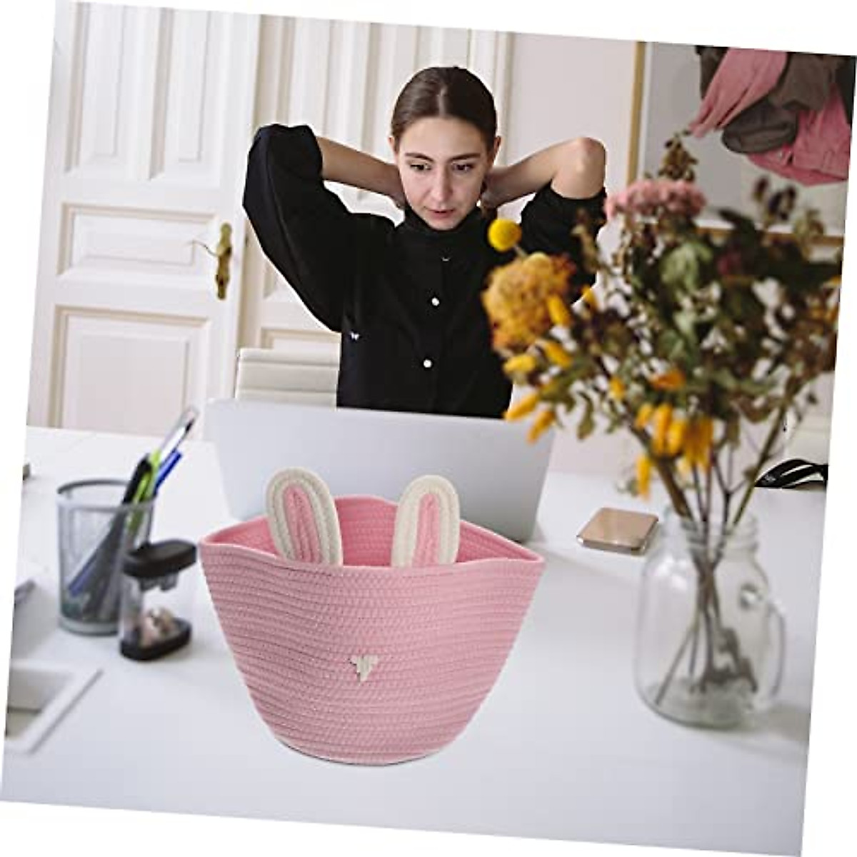 Cabilock Boho Decor Rope Rabbit Basket Snacks for Pink Cotton Rope Household Bohemian Decor