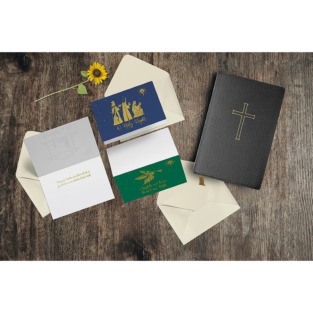 Better Office Products 50 Pack Religious Christmas Cards with Embossed Gold Foil Accents, 5" x 7", High Gloss, Gold Foil Interior Greeting, with 50 Envelopes, 50 Count Boxed Assortment