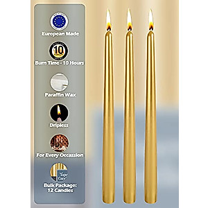 12 Pack Tall Metallic Taper Candles - 12 Inch Gold Painted Metallic, Dripless, Unscented Dinner Candle - Paraffin Wax with Cotton Wicks - Individually Wrapped -by Hyoola
