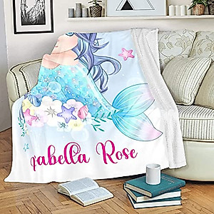 Custom Blanket Personalized Cute Mermaid and Fish Soft Fleece Throw Blanket with Name for Gifts Sofa Bed (50 X 60 inches)