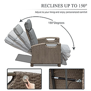 Domi Outdoor Reclining Chairs with Extended Footrest, Adjustable Patio Wicker Lounge Recliner up to 150° with Flip Side Table, Thickness Cushions for Indoor & Outdoor,Grey