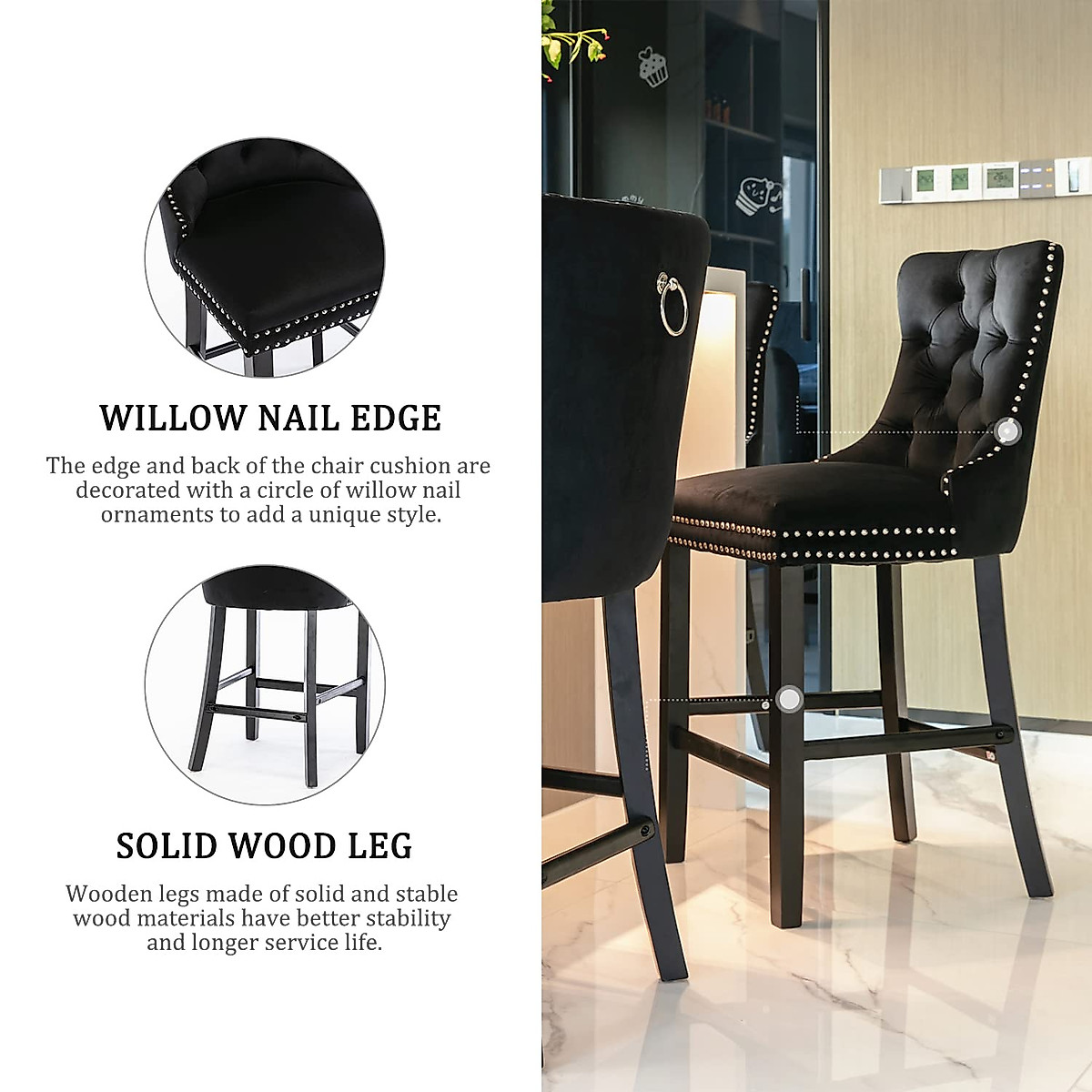 Kiztir Counter Height Bar Chairs Set of 2, 27" Modern Velvet Bar Stools with Button Decor, Nailhead Trim, Solid Wooden Legs, Beige Upholstered Bar Stools for Kitchen, Cafe, Pub (Black)