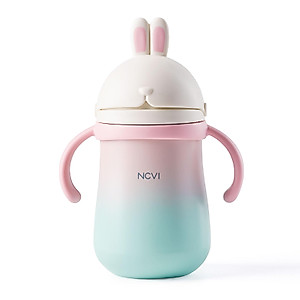 NCVI Weighted Straw Sippy Cup Spill Proof Stainless Steel, Kids Toddler Thermal Cup with Removable Handle and Replacement Head Straw Perfect for 2 Years Old, 10oz (Pink Bunny)