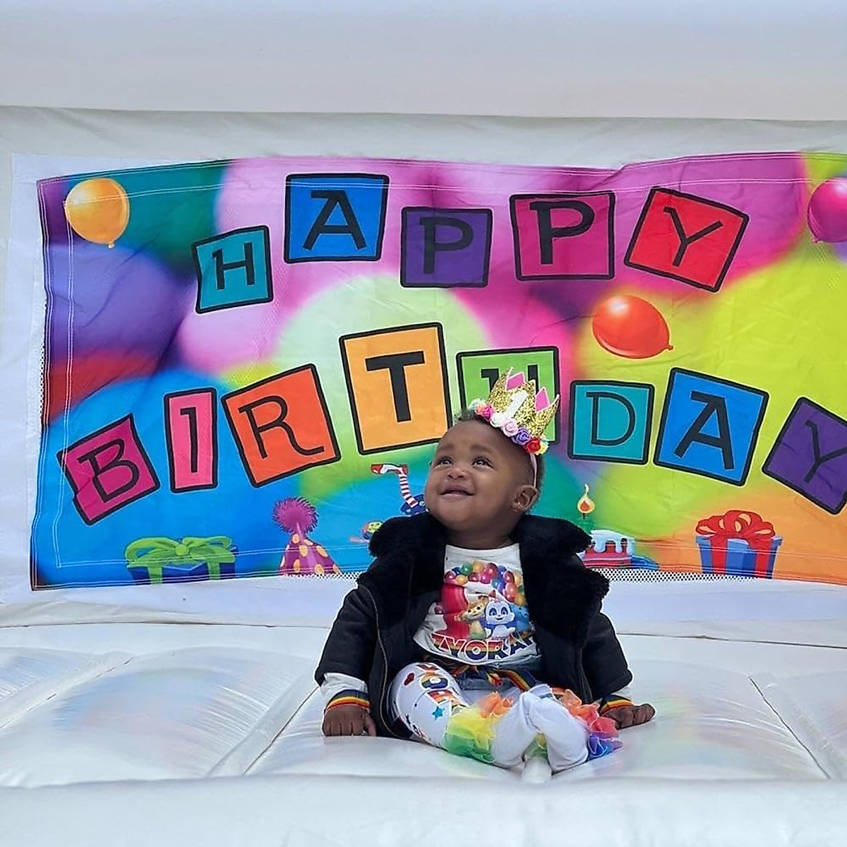 ipalmay Baby Princess Glitter Pink Crown, 3st Birthday Party Hat Pink with Mix Rainbow Color Flowers