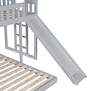 GLORHOME Twin Over Full House Bunk Bed， Detachable to Floor Bedframe and A Loftbed, with Slide, Built-in Ladder,Full-Length Guardrail for Kids Adults,Roof can be Decorated