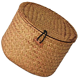 GARVALON Round Wicker Basket with Lid, 150 oz, Snacks, Cosmetics, Desktop Storage