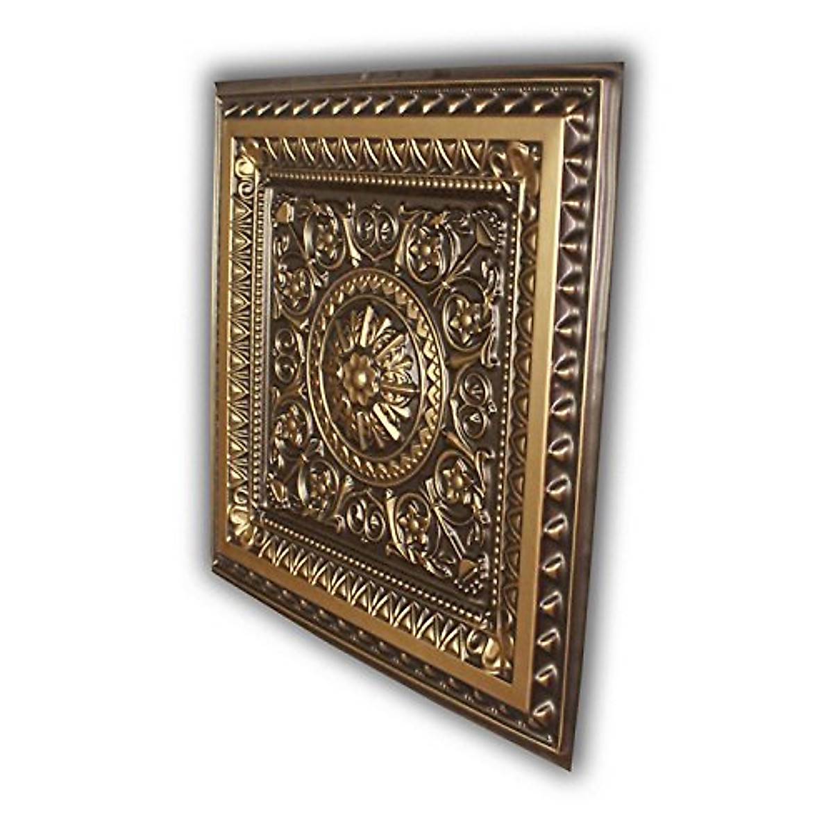 Faux Tin Ceiling Tile for Antique Look Ceiling, 3D Wall Paneling, Backdrop. Easy Glue up/Drop in Installation. Pack of 25 (2'X2') Decorative Ceiling Tiles in Antique Gold (~ 100 sq.ft). MDL#223AG