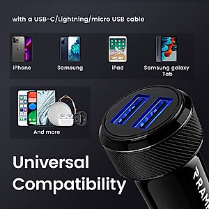 RAMPOW Car Charger 24W/12V 4.8A Dual Cigarette Lighter USB Adapter with Blue LED for iPhone 14/13/12/11/X/8/7/6/5/SE, iPad Pro/Air 2/Mini,Samsung Galaxy S9/S8/S7, Motorola, LG, HTC,Tablet & More-Black