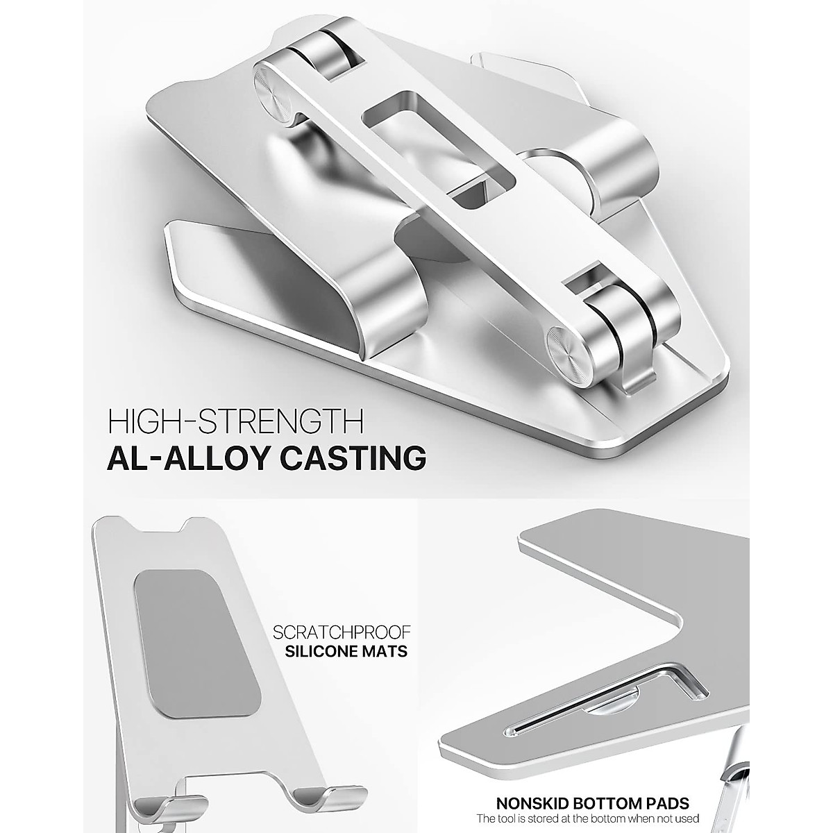 MoKo Tablet/Phone Stand, Foldable Aluminum Desk Phone Stand for iPhone/Tablet 4-11", Fit with iPhone 16/Pro/Pro Max/Plus, iPhone 14 Pro Max/14, iPad Air 4/Mini 6, iPad Pro 11, iPad 10.2 10th, Silver