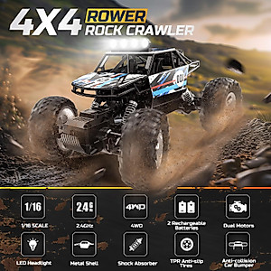 DEERC DE45 1:14 Remote Control Truck, RC Car Toy Rock Crawler, 4WD Off Road Monster Truck with Metal Shell Dual Motors LED Headlight 90 Min Play