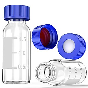 Autosampler Vials, 100 Pcs Sample Vials 2ml HPLC Vials 9-425 Vial Clear Glass Bottles with Write-on Spot and Graduations and 100 Pcs 9mm Blue ABS Screw Caps by Ks-Tek