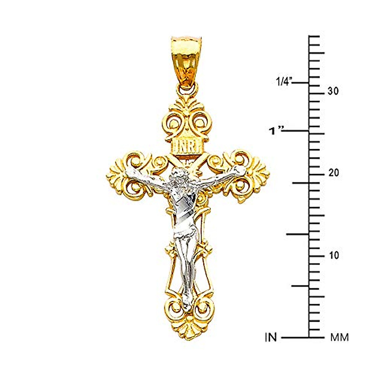Wellingsale 14K Two 2 Tone White and Yellow Gold Polished Religious Catholic Gothic Crucifix Charm Pendant