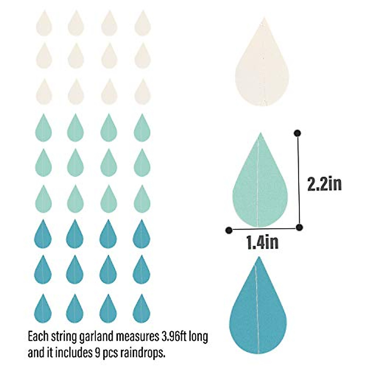Framendino, Gradient Blue Raindrop Paper Garland Decorations Bunting Rain Drop Banners for Baby Shower April Showers