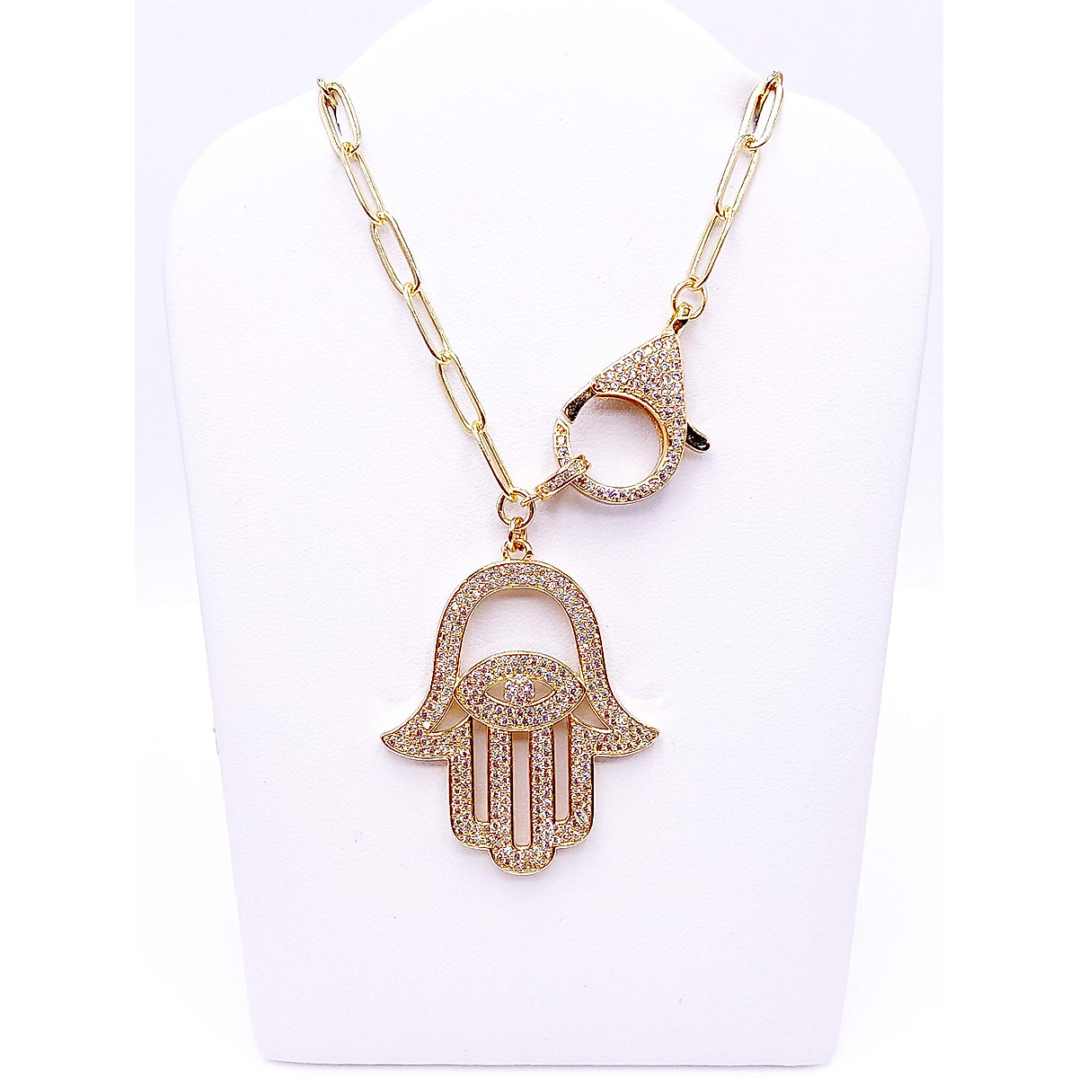 LESLIE BOULES Stunning Gold Hamsa Hand Necklace for Women 18K Gold Plated Chain Fashion Jewelry